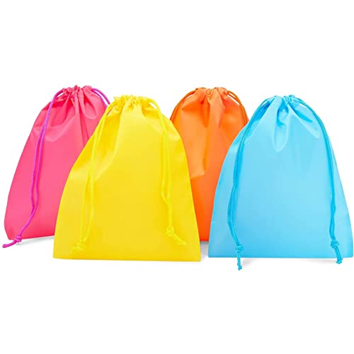 Drawstring Gift Bags for Party Favors, Blue, Yellow, Orange, Pink (8 x 10 in, 24 Pieces)