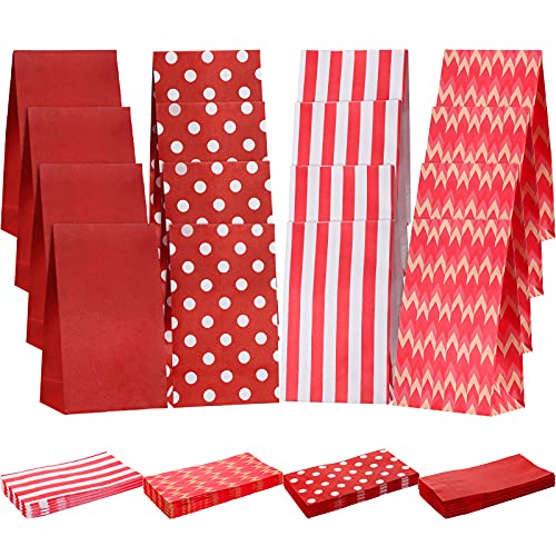 60 Pieces Valentines Day Favor Bags Valentines Lunch Bags Red Party Favor Paper Treat Bags, 15 Each of Wave White Dots, Solid, Stripe, for Valentines Day Sweetest Day May Day Mothers Day