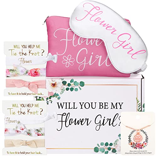 10 Pcs Flower Girl Proposal Gift Set, Flower Girl Box Flower Girl Necklace Sleeping Mask Makeup Pouch and 6 Pcs Flower Hair Ties Will You Be My Flower Girl Proposal Box for Bride Showers