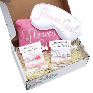 10 Pcs Flower Girl Proposal Gift Set, Flower Girl Box Flower Girl Necklace Sleeping Mask Makeup Pouch and 6 Pcs Flower Hair Ties Will You Be My Flower Girl Proposal Box for Bride Showers