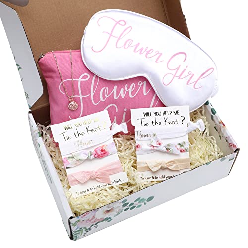 10 Pcs Flower Girl Proposal Gift Set, Flower Girl Box Flower Girl Necklace Sleeping Mask Makeup Pouch and 6 Pcs Flower Hair Ties Will You Be My Flower Girl Proposal Box for Bride Showers