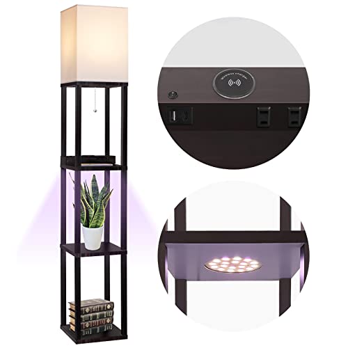 Floor Lamp with Shelves for Living Room, Shelf Floor Lamp with LED Grow Light, Wireless Charging Station, USB Port and AC Outlet, Modern Standing Light Column Lamp Tower Nightstand for Bedroom