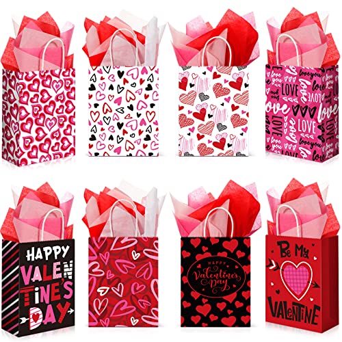 32 Pcs Valentines Day Gift Bags Valentines Kraft Paper Bags with Tissue Paper Heart Shaped Treat Goodies Bag for Wedding Valentines Party Gift Giving Kids Classroom Exchange Prizes, 8.7 x 6.3 x 3 inch