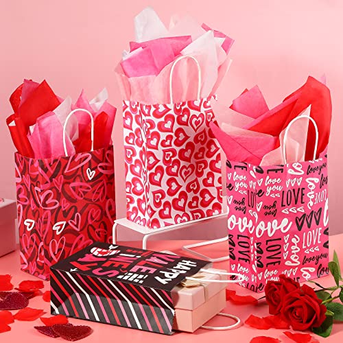 32 Pcs Valentines Day Gift Bags Valentines Kraft Paper Bags with Tissue Paper Heart Shaped Treat Goodies Bag for Wedding Valentines Party Gift Giving Kids Classroom Exchange Prizes, 8.7 x 6.3 x 3 inch