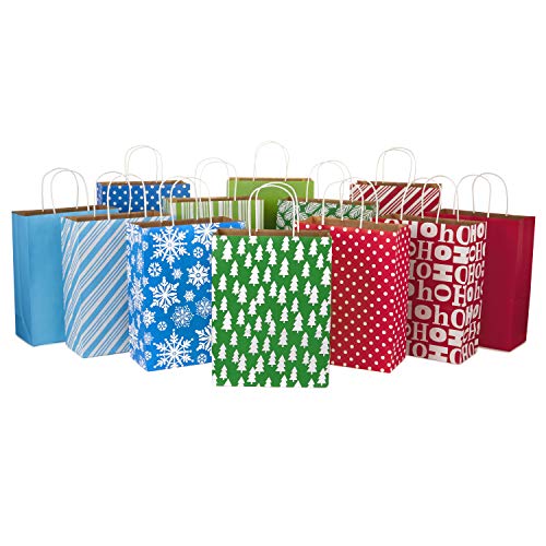 Hallmark 13" Large Gift Bag Assortment, Holiday Icons (12 Paper Gift Bags in Assorted Designs for Hanukkah or Christmas | Stripes, Polka Dots, Snowflakes, Christmas Trees)