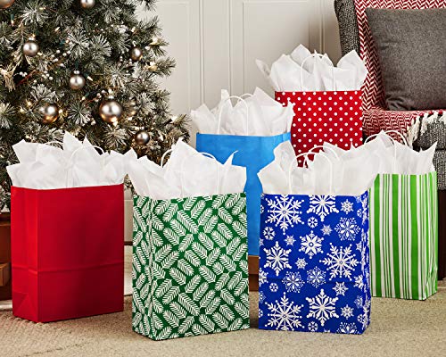 Hallmark 13" Large Gift Bag Assortment, Holiday Icons (12 Paper Gift Bags in Assorted Designs for Hanukkah or Christmas | Stripes, Polka Dots, Snowflakes, Christmas Trees)