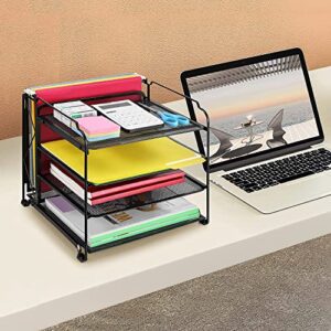 Ekisemio 4 Tier Mesh Document Trays with Vertical Upright Section for Hanging File Holders, Mesh Office Supplies Desk Organizer, Black