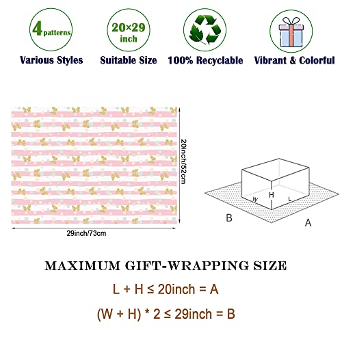 WAPLIGHAL Pink Birthday Wrapping Paper for Boys Girls Kids Men Women - Poka dots, Star, Gold Glittering Butterflies Design - Valentine's Day Birthdays, Holidays, Baby Showers Gift Wrap - 20 X 29 Inch Per Sheet (8 Precut Folded Sheets), Easy to Store