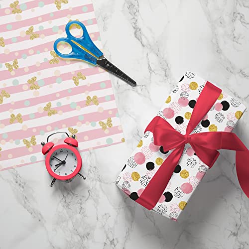 WAPLIGHAL Pink Birthday Wrapping Paper for Boys Girls Kids Men Women - Poka dots, Star, Gold Glittering Butterflies Design - Valentine's Day Birthdays, Holidays, Baby Showers Gift Wrap - 20 X 29 Inch Per Sheet (8 Precut Folded Sheets), Easy to Store