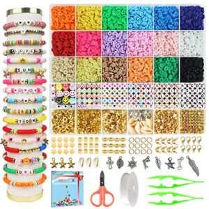 redtwo 5100 clay beads bracelet making kit, preppy spacer flat beads for jewelry making,polymer heishi beads with charms and elastic strings gifts for teen girls crafts for girls ages 8-12