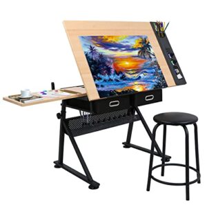 zeny drafting table art desk drawing table height adjustable artist table tilted tabletop w/drafting stool and storage drawer for reading, writing, crafting, painting art