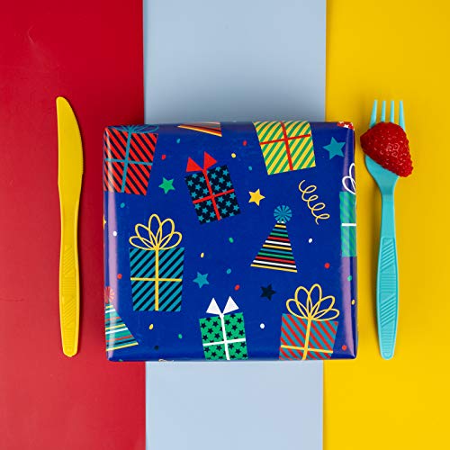 MAYPLUSS Birthday Wrapping Paper Large Sheet - Folded Flat - 4 Different Blue Gifts Design (30.1 sq. ft.TTL.) - 27.5 inch X 39.4 inch Per Sheet