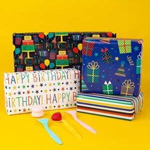 MAYPLUSS Birthday Wrapping Paper Large Sheet - Folded Flat - 4 Different Blue Gifts Design (30.1 sq. ft.TTL.) - 27.5 inch X 39.4 inch Per Sheet