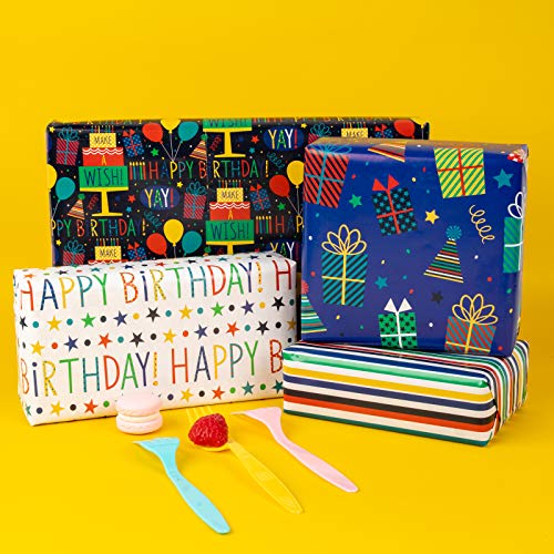 MAYPLUSS Birthday Wrapping Paper Large Sheet - Folded Flat - 4 Different Blue Gifts Design (30.1 sq. ft.TTL.) - 27.5 inch X 39.4 inch Per Sheet