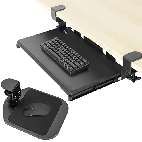 VIVO Small Keyboard Tray and Mouse Pad Combo, Sturdy C Clamp Mount System, Wooden Rotating Computer Mouse Pad and Device Holder for Desk, Easy Slide Out Drawer for Typing, MOUNT-KB05MS