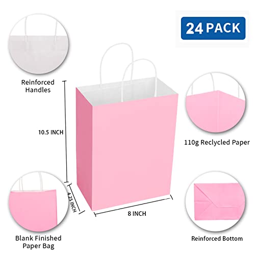 Oletx 24PCS Pink Kraft Paper Gift Bags with Handles Bulk 8''x4.25''x10.5'', Mothers' Day Gift Bag, Party Favor Bag, Craft Shopping Bags,Grocery Retail Bag,Wedding Bags,Birthday Bags