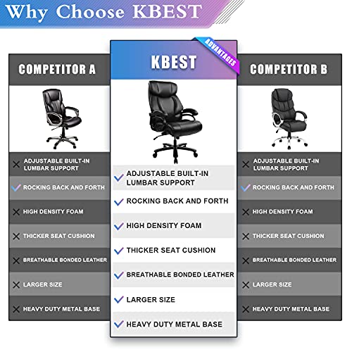 KBest High Back Big & Tall 400lb Office Chair - Heavy Duty Metal Base, Adjustable Built-in Lumbar Support and Tilt Angle Large Bonded Leather Ergonomic Executive Desk Computer Swivel Chair, Black