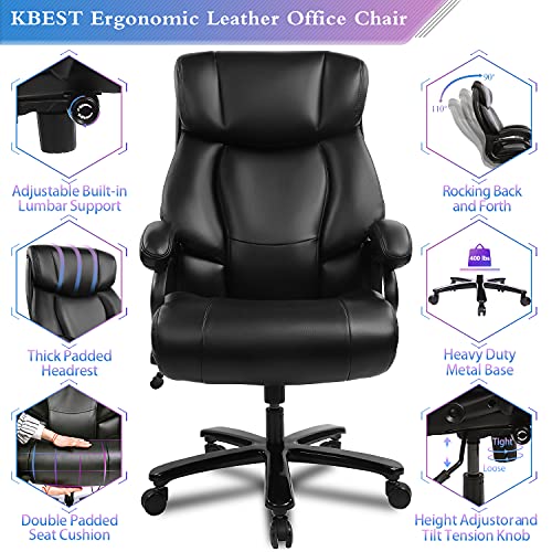 KBest High Back Big & Tall 400lb Office Chair - Heavy Duty Metal Base, Adjustable Built-in Lumbar Support and Tilt Angle Large Bonded Leather Ergonomic Executive Desk Computer Swivel Chair, Black