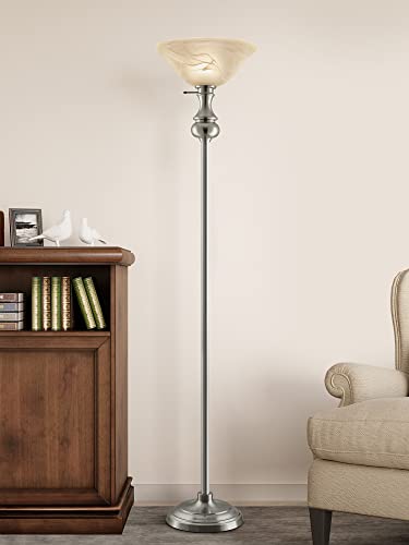 Oneach Modern Shirley Torchiere Floor Lamp for Living Room 150-Watt 71.5-Inch Floor Light with Frosted Glass Shade for Bedroom Silver