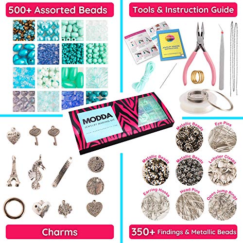 MODDA Jewelry Making Supplies - Jewelry Making Kits for Adults, Teens, Girls, Beginners, Women - Includes Instructions, Tools, Beads, Charms for Necklace, Earring, Bracelet Making Kit - Turquoise Set