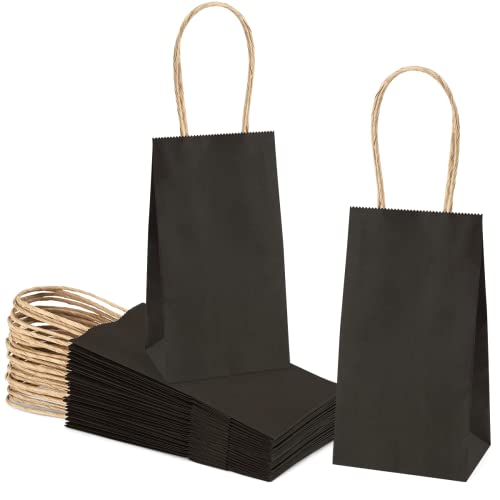 Poever Small Kraft Paper Bags 25 Pack Mini Black Paper Bags 3.5x2.4x6.7 Small Gift Bags with Handles Bulk for Party Favor Small Business