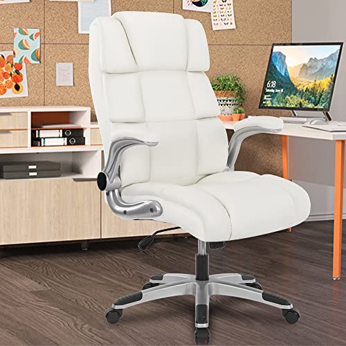 KCREAM Office Chair with Flip-up Armrests, Executive Chair Swivel Rolling PU Leather Chair Home Office Desk Chairs with Wheels and Memory Foam Back Support, Comfy Chair 300Lb Weight Capacity (White)