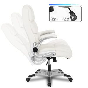 KCREAM Office Chair with Flip-up Armrests, Executive Chair Swivel Rolling PU Leather Chair Home Office Desk Chairs with Wheels and Memory Foam Back Support, Comfy Chair 300Lb Weight Capacity (White)