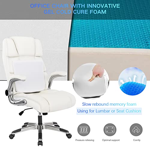 KCREAM Office Chair with Flip-up Armrests, Executive Chair Swivel Rolling PU Leather Chair Home Office Desk Chairs with Wheels and Memory Foam Back Support, Comfy Chair 300Lb Weight Capacity (White)