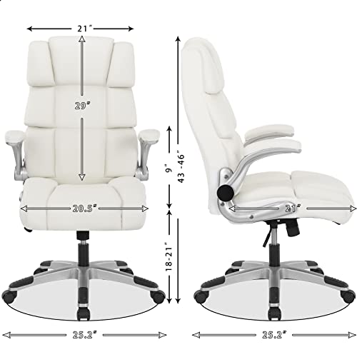 KCREAM Office Chair with Flip-up Armrests, Executive Chair Swivel Rolling PU Leather Chair Home Office Desk Chairs with Wheels and Memory Foam Back Support, Comfy Chair 300Lb Weight Capacity (White)