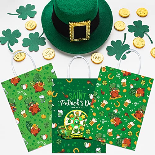 SPERPAND 24 Pcs St. Patrick's Day Gift Bags with 24 Tissues, Paper Goodie Favor Bags with Handles, Green Clover Shamrock Bags Patrick Day Party Accessories (3 styles)