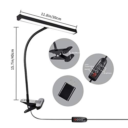 LED Desk Lamp with Clamp, CELYST Music Stand Light with Flexible Gooseneck, 3 Color Modes & 10 Brightness Levels Clip Lamp, 5W Clamp Light for Piano, Bed, Headboard, Drafting Table, Video Conferencing