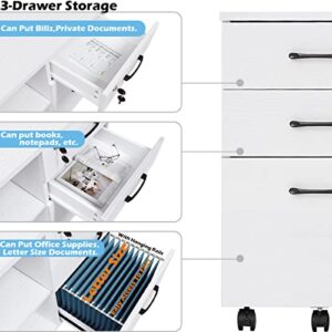 Panana Wood File Cabinet, 3 Drawer Mobile Lateral Filing Cabinet on Wheels, Printer Stand with Open Storage Shelves for Home Office (White)