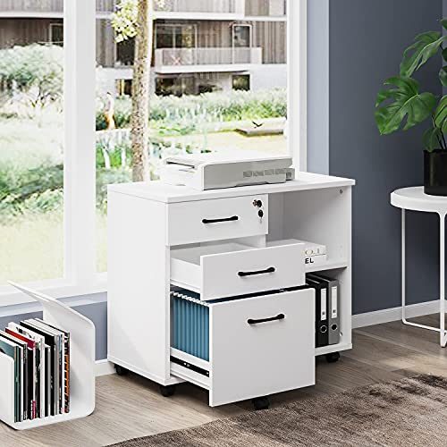 Panana Wood File Cabinet, 3 Drawer Mobile Lateral Filing Cabinet on Wheels, Printer Stand with Open Storage Shelves for Home Office (White)