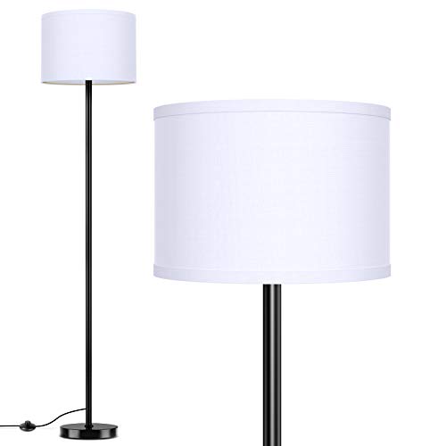 LED Floor Lamp Simple Design, Modern Standing Lamp with Shade,Tall Lamp for Living Room Bedroom Office Study Room, Black Pole Lights with Foot Switch, White Stand Up Lamp Fabric, E26 Base