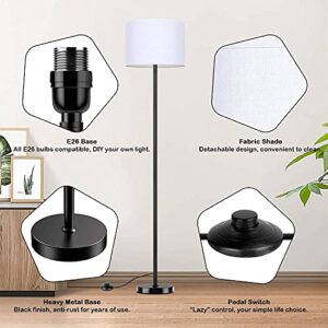 LED Floor Lamp Simple Design, Modern Standing Lamp with Shade,Tall Lamp for Living Room Bedroom Office Study Room, Black Pole Lights with Foot Switch, White Stand Up Lamp Fabric, E26 Base