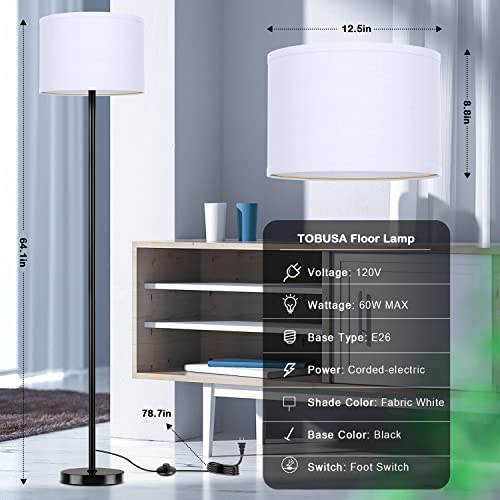 LED Floor Lamp Simple Design, Modern Standing Lamp with Shade,Tall Lamp for Living Room Bedroom Office Study Room, Black Pole Lights with Foot Switch, White Stand Up Lamp Fabric, E26 Base