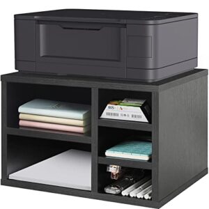 maxgear printer stand with storage, 2 tier wood computer printer shelf, paper and file storage rack desk organizers with detachable dividers, printer riser with 5 compartments for home office, black