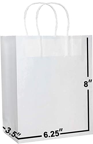 [100 Bags] 6.25x3.5x8. Kraft Paper Gift Bags with Handles Bulks. Ideal for Shopping, Packaging, Retail, Party, Craft, Gifts, Wedding, Recycled, Business, Goody and Merchandise Bag (White)