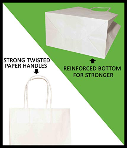 [100 Bags] 6.25x3.5x8. Kraft Paper Gift Bags with Handles Bulks. Ideal for Shopping, Packaging, Retail, Party, Craft, Gifts, Wedding, Recycled, Business, Goody and Merchandise Bag (White)