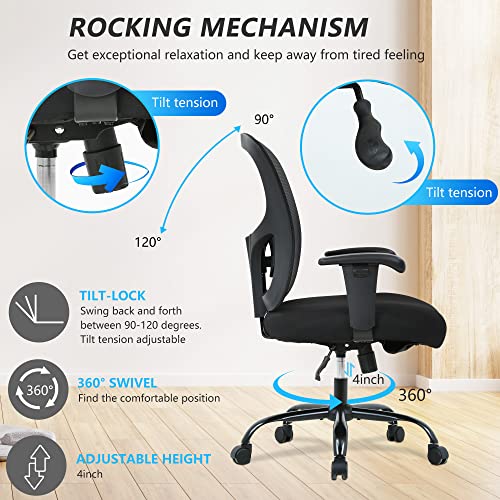 BestOffice 400lbs Wide Seat Desk Computer Lumbar Support Adjustable Arms Task Rolling Swivel Mesh Executive High Back Ergonomic Chair for Adults Women, Black