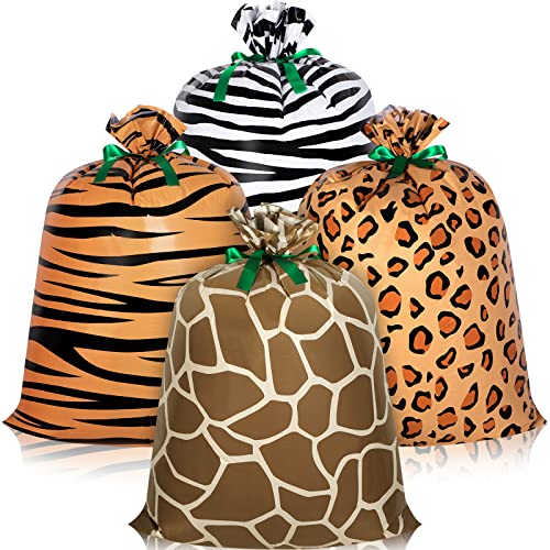 Outus 4 Pieces 48 Inch Jungle Animal Safari Theme Jumbo Plastic Gift Bags Extra Large Giant Wrapping Bags with Ribbon for Jungle Safari Woodland Themed Birthday Party Baby Shower Decorations