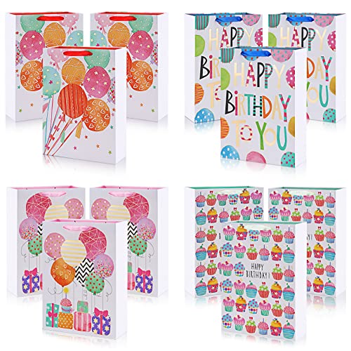 Birthday Gift Bags, 12Pack Gift Bags Medium Size With Handles, Gift Bag Bulk, 4 Assorted Designs Foil Gift bags for Kids Birthday, Birthday Party Favors, Kids Party Favors, 12.6Inch