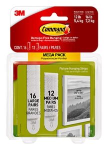 command medium and large picture hanging strips, damage free hanging picture hangers, no tools wall hanging strips for living spaces, 12 medium pairs and 16 large pairs (pack of 1)