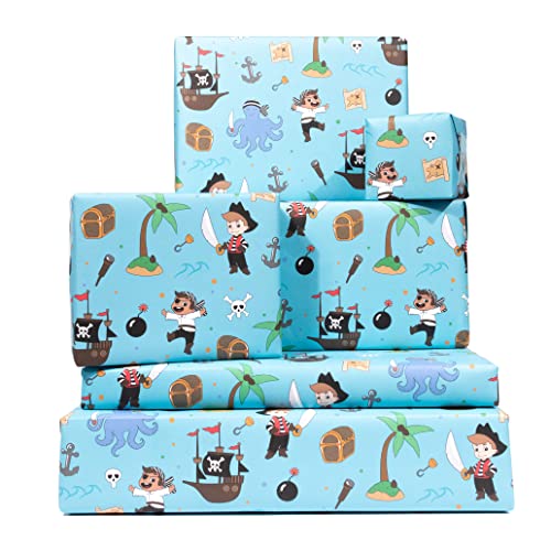 CENTRAL 23 - Pirate Gift Wrap - 6 Sheets of Cool Wrapping Paper for Kids - Pirates Treasure Ship Island - For Boys Girls - Son Nephew Grandson - Blue - Recyclable