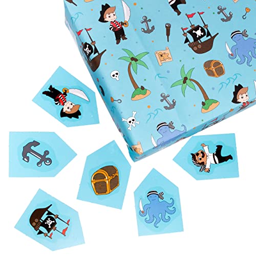 CENTRAL 23 - Pirate Gift Wrap - 6 Sheets of Cool Wrapping Paper for Kids - Pirates Treasure Ship Island - For Boys Girls - Son Nephew Grandson - Blue - Recyclable