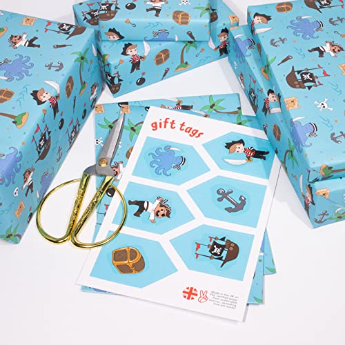 CENTRAL 23 - Pirate Gift Wrap - 6 Sheets of Cool Wrapping Paper for Kids - Pirates Treasure Ship Island - For Boys Girls - Son Nephew Grandson - Blue - Recyclable