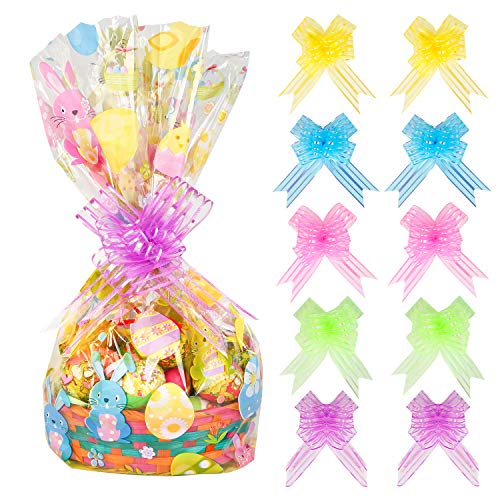 Kolewo4ever 10 pack Easter Basket Bags Happy Easter Jumbo Cello Basket Bags 32 by 22 Inches Easter Bunny Wrap bags Cellophane Wrapping Party Decorations with 10 pieces pull bow