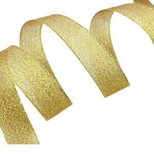 2 Rolls 50 yards Metallic Gold Glitter Ribbons, 5/8 Inch Sparkly Fabric Width Ribbon for Gift Wrapping, crafts, Holiday Wedding Birthday Party Decoration Floral DIY work, (25yards gold ribbon, 2 pack)