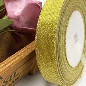 2 Rolls 50 yards Metallic Gold Glitter Ribbons, 5/8 Inch Sparkly Fabric Width Ribbon for Gift Wrapping, crafts, Holiday Wedding Birthday Party Decoration Floral DIY work, (25yards gold ribbon, 2 pack)