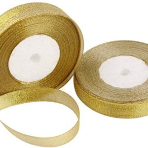 2 Rolls 50 yards Metallic Gold Glitter Ribbons, 5/8 Inch Sparkly Fabric Width Ribbon for Gift Wrapping, crafts, Holiday Wedding Birthday Party Decoration Floral DIY work, (25yards gold ribbon, 2 pack)